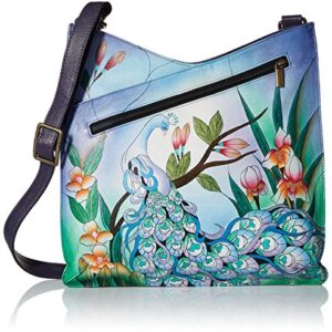 Anna by Anuschka Women's Genuine Leather Large V Top Multi-Compartment Cross Body | Hand Painted Original Artwork | Midnight Peacock