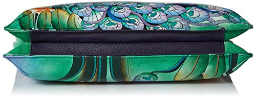 Anna by Anuschka Women's Genuine Leather Large V Top Multi-Compartment Cross Body | Hand Painted Original Artwork | Midnight Peacock