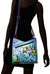 Anna by Anuschka Women's Genuine Leather Large V Top Multi-Compartment Cross Body | Hand Painted Original Artwork | Midnight Peacock