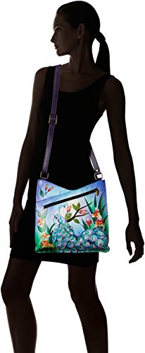 Anna by Anuschka Women's Genuine Leather Large V Top Multi-Compartment Cross Body | Hand Painted Original Artwork | Midnight Peacock