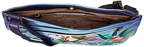 Anna by Anuschka Women's Genuine Leather Large V Top Multi-Compartment Cross Body | Hand Painted Original Artwork | Midnight Peacock