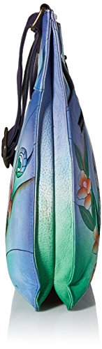 Anna by Anuschka Women's Genuine Leather Large V Top Multi-Compartment Cross Body | Hand Painted Original Artwork | Midnight Peacock