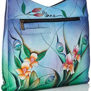 Anna by Anuschka Women's Genuine Leather Large V Top Multi-Compartment Cross Body | Hand Painted Original Artwork | Midnight Peacock