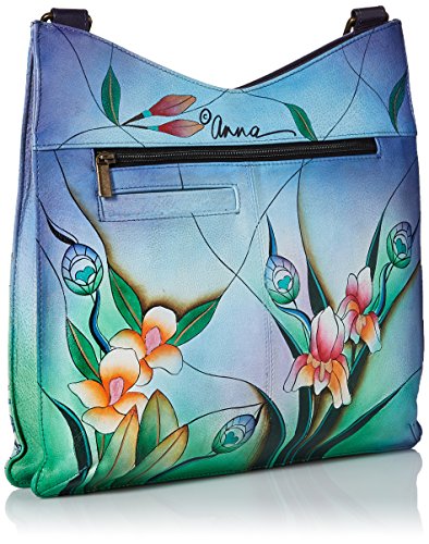 Anna by Anuschka Women's Genuine Leather Large V Top Multi-Compartment Cross Body | Hand Painted Original Artwork | Midnight Peacock