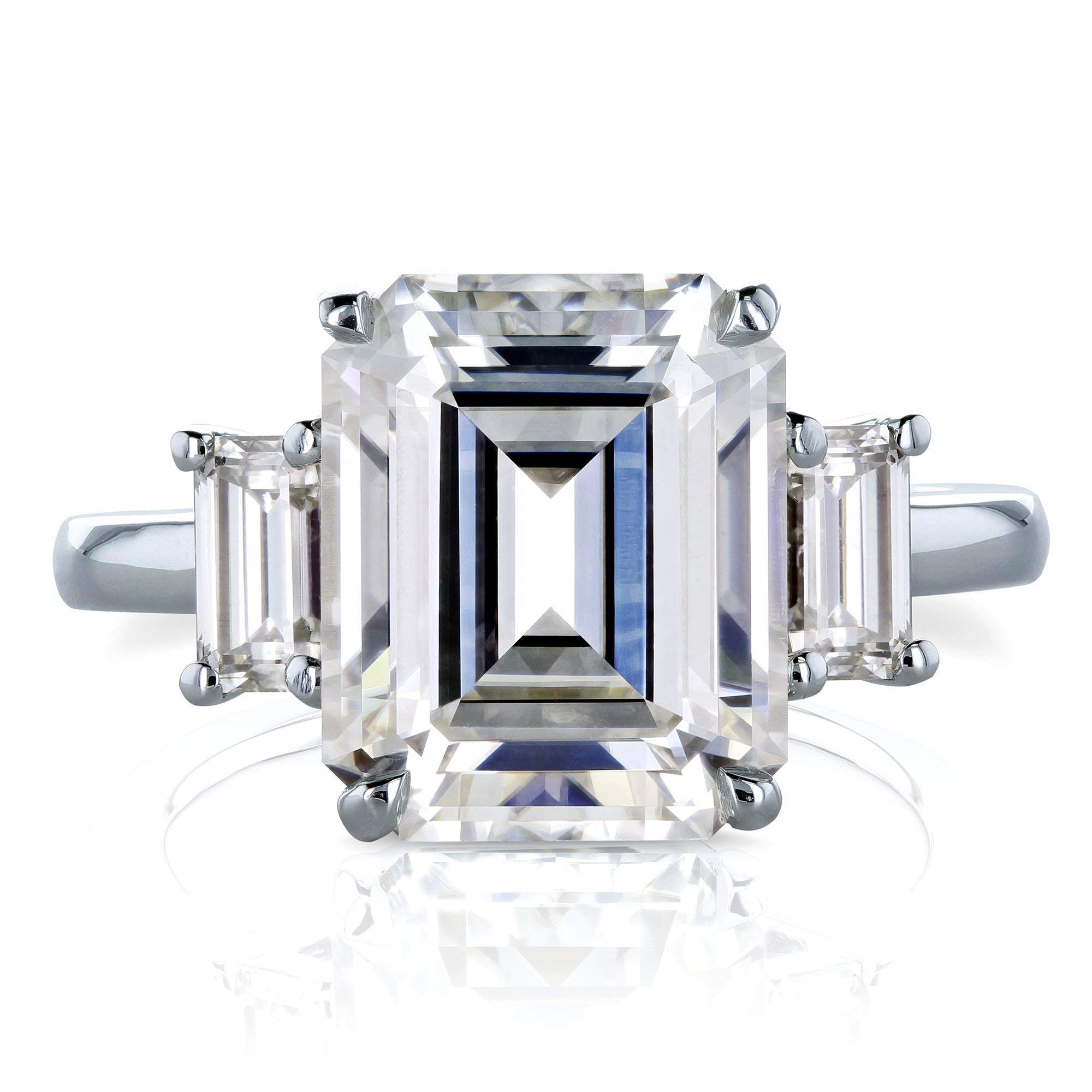 Kobelli 5 1/2 Carat TGW Three Stone Emerald Cut Moissanite Statement Engagement Ring in 14k White Gold - Size 10.5