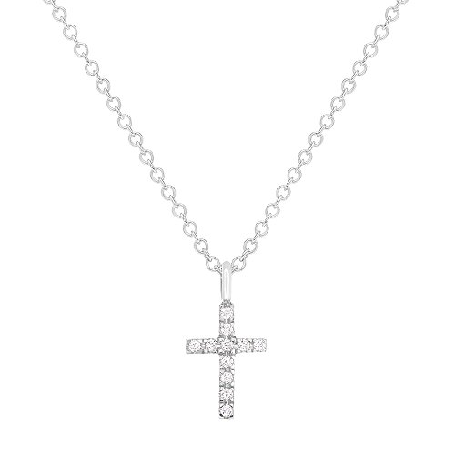 Solid 14K Gold, White or Rose Gold Necklace Small Tiny 0.04 cttw Natural Diamond Cross Pendant Necklace (14, 16, 18, 20 Inches), 16