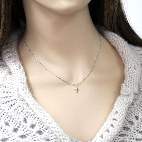 Solid 14K Gold, White or Rose Gold Necklace Small Tiny 0.04 cttw Natural Diamond Cross Pendant Necklace (14, 16, 18, 20 Inches), 16