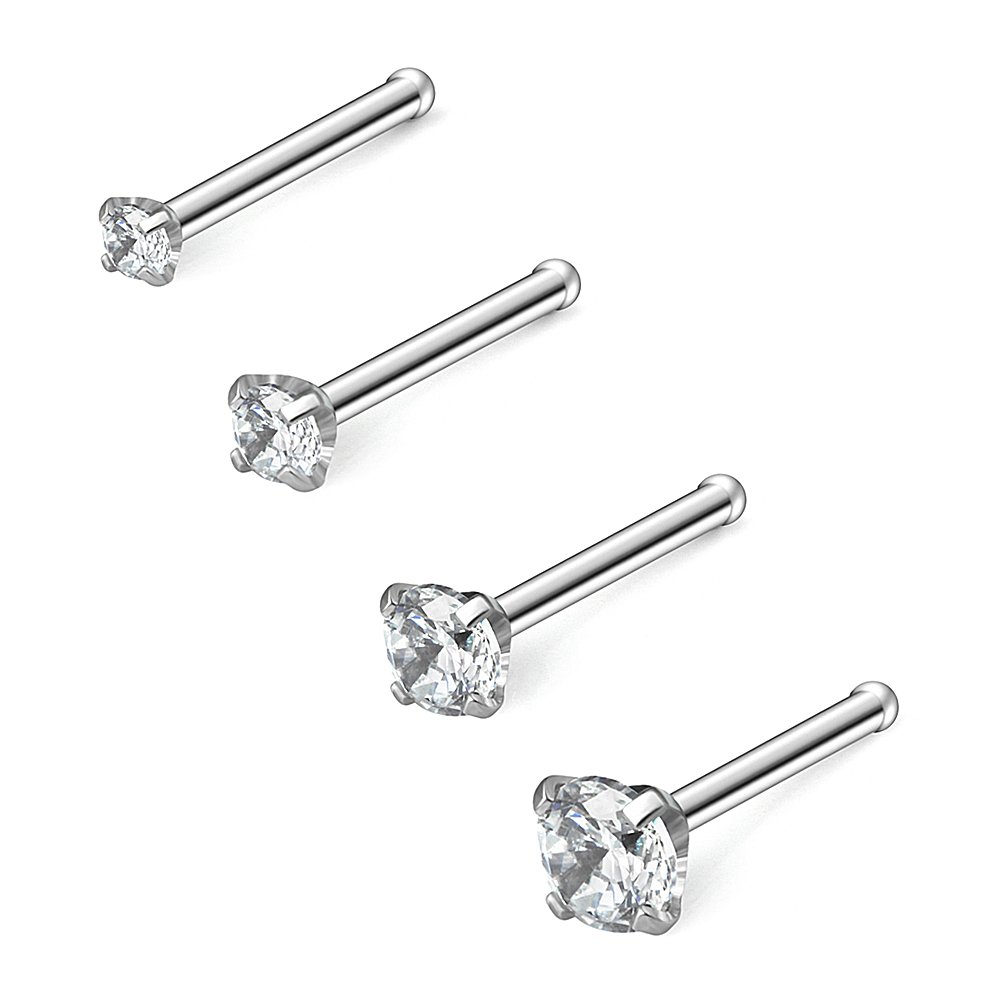 Ruifan 4PCS 22G 316L Surgical Steel 1.5mm 2mm 2.5mm 3mm Clear Round Diamond Cubic Zirconia Crystal Nose Bone Studs Rings Pin Piercing Jewelry - Silver