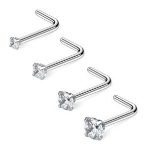 ruifan 4pcs 18g 316l surgical steel 1.5mm 2mm 2.5mm 3mm clear round diamond cubic zirconia crystal nose l shaped studs rings piercing jewelry - steel