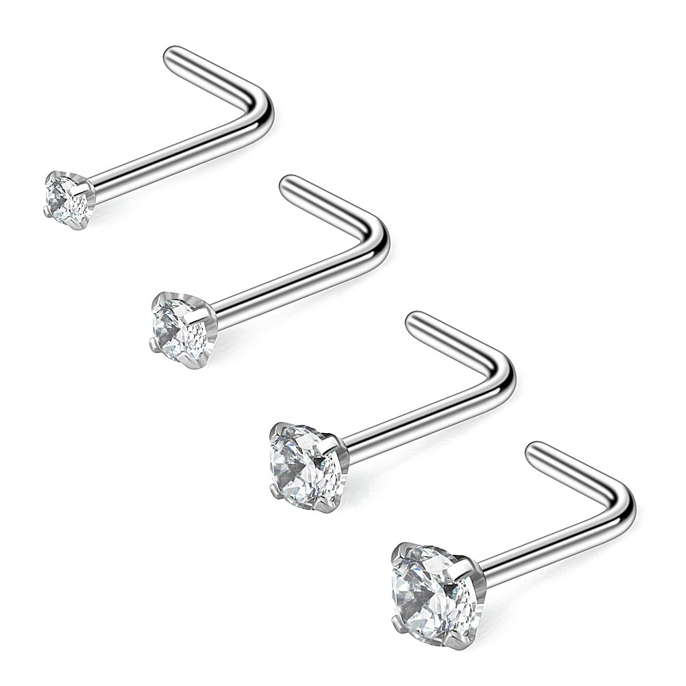 Ruifan 4PCS 18G 316L Surgical Steel 1.5mm 2mm 2.5mm 3mm Clear Round Diamond Cubic Zirconia Crystal Nose L Shaped Studs Rings Piercing Jewelry - Steel