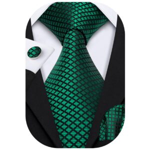 Barry.Wang Mens Ties Silk Tie Pocket Square Cufflinks Set Woven Designer Emerald Green