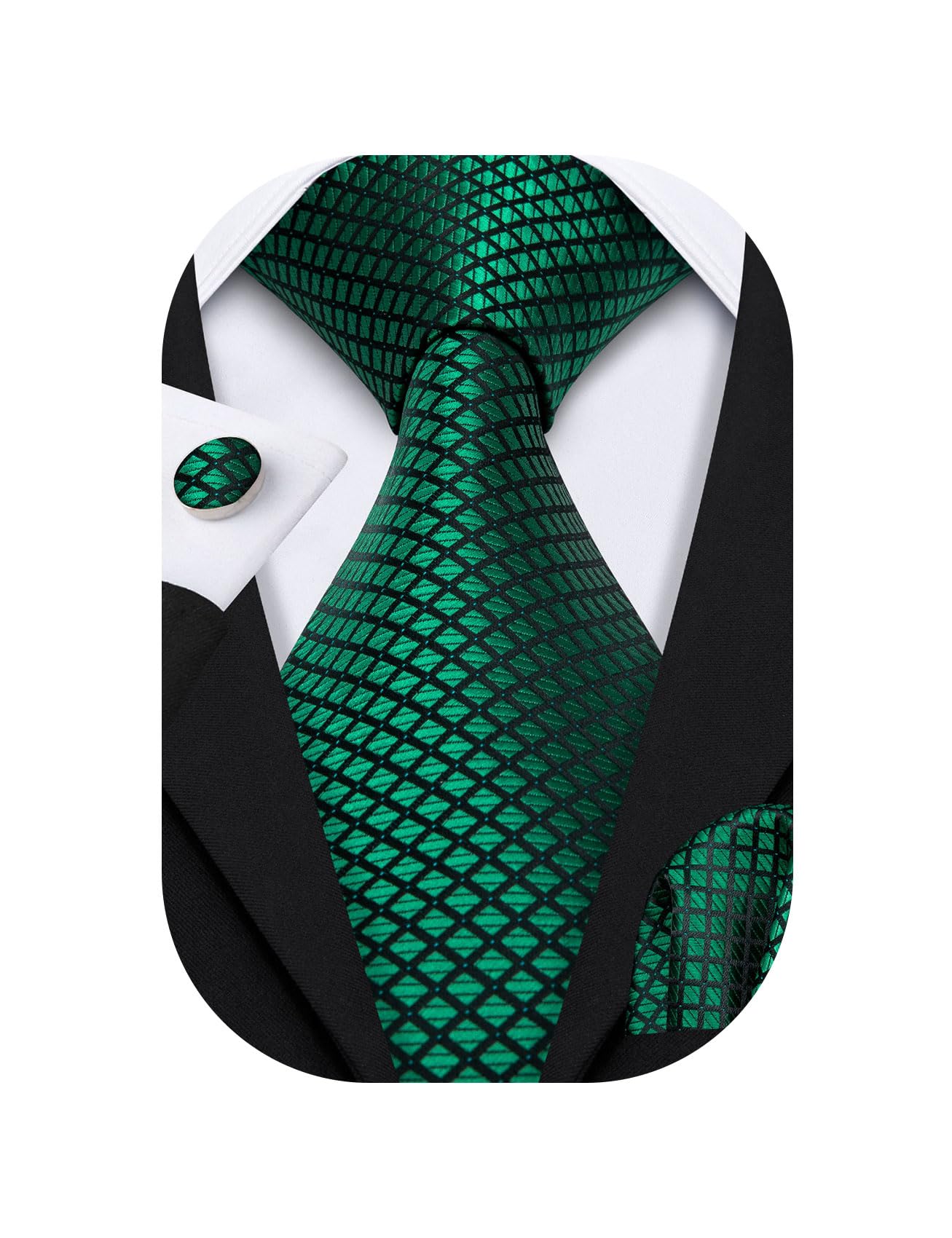 Barry.Wang Mens Ties Silk Tie Pocket Square Cufflinks Set Woven Designer Emerald Green