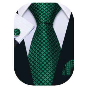 Barry.Wang Mens Ties Silk Tie Pocket Square Cufflinks Set Woven Designer Emerald Green