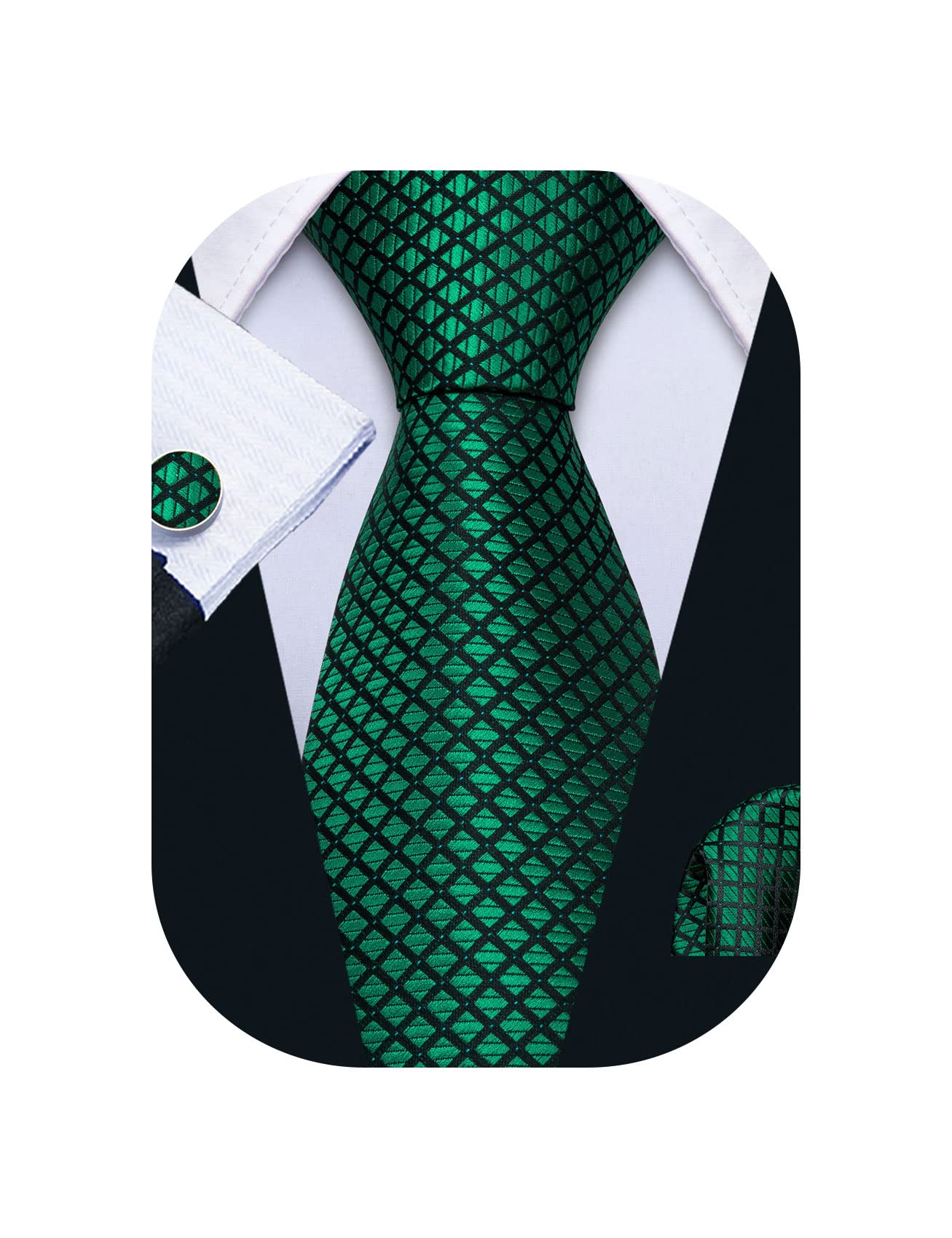 Barry.Wang Mens Ties Silk Tie Pocket Square Cufflinks Set Woven Designer Emerald Green