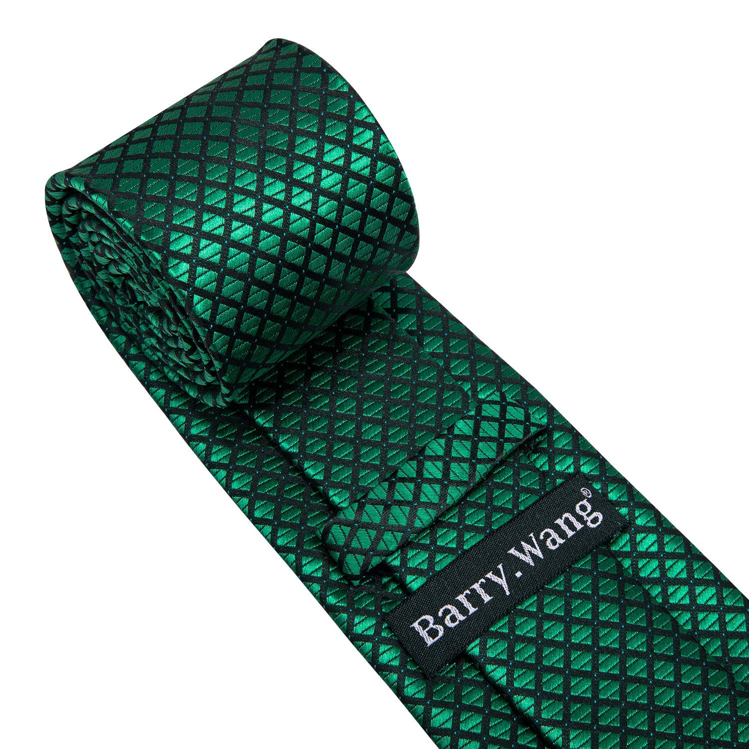 Barry.Wang Mens Ties Silk Tie Pocket Square Cufflinks Set Woven Designer Emerald Green