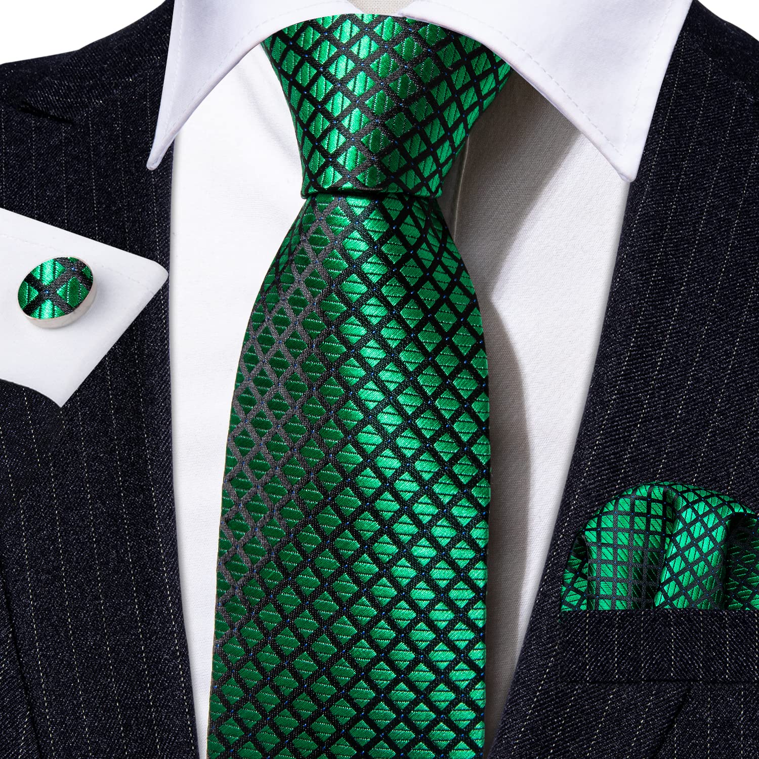 Barry.Wang Mens Ties Silk Tie Pocket Square Cufflinks Set Woven Designer Emerald Green