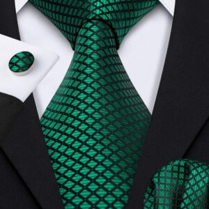 Barry.Wang Mens Ties Silk Tie Pocket Square Cufflinks Set Woven Designer Emerald Green