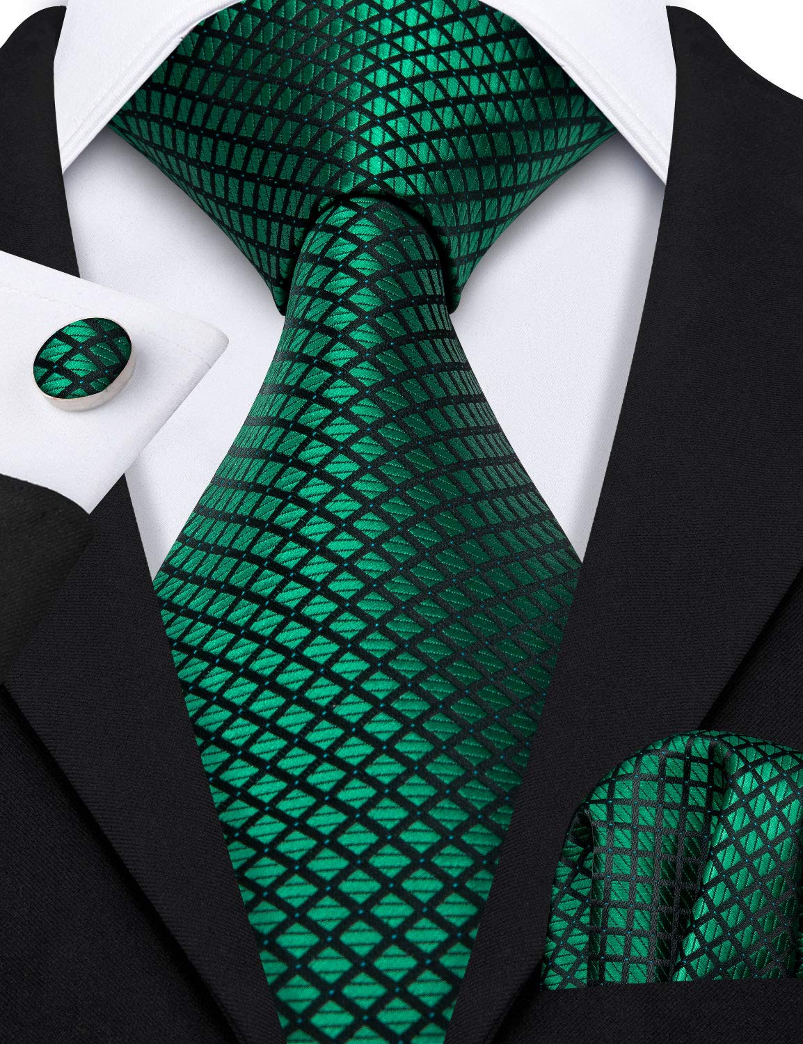 Barry.Wang Mens Ties Silk Tie Pocket Square Cufflinks Set Woven Designer Emerald Green