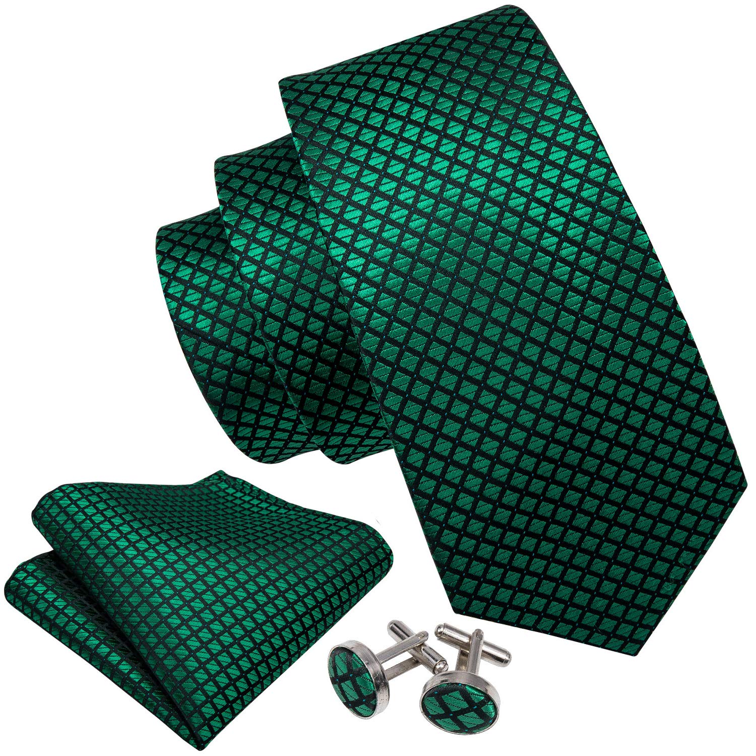 Barry.Wang Mens Ties Silk Tie Pocket Square Cufflinks Set Woven Designer Emerald Green