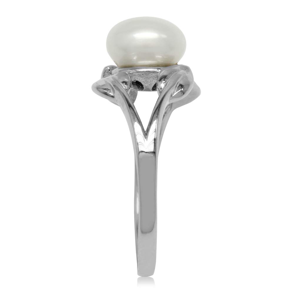 Silvershake 8mm Cultured Freshwater Pearl White Gold Plated 925 Sterling Silver Leaf Ring Size 8