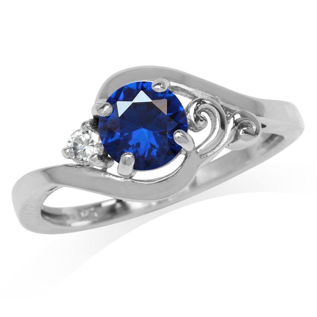 Silvershake Created Sapphire Blue and White Cubic Zirconia Gold Plated 925 Sterling Silver Engagement Ring Size 6.5