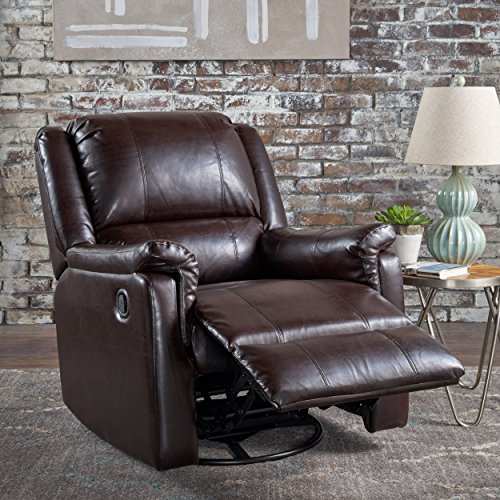 GDFStudio Jemma Tufted Brown Bonded Leather Swivel Gliding Recliner Chair 37.5D x 31.25W x 38.25H in