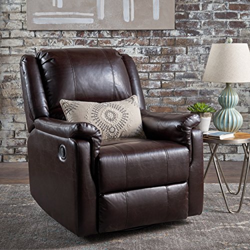 GDFStudio Jemma Tufted Brown Bonded Leather Swivel Gliding Recliner Chair 37.5D x 31.25W x 38.25H in