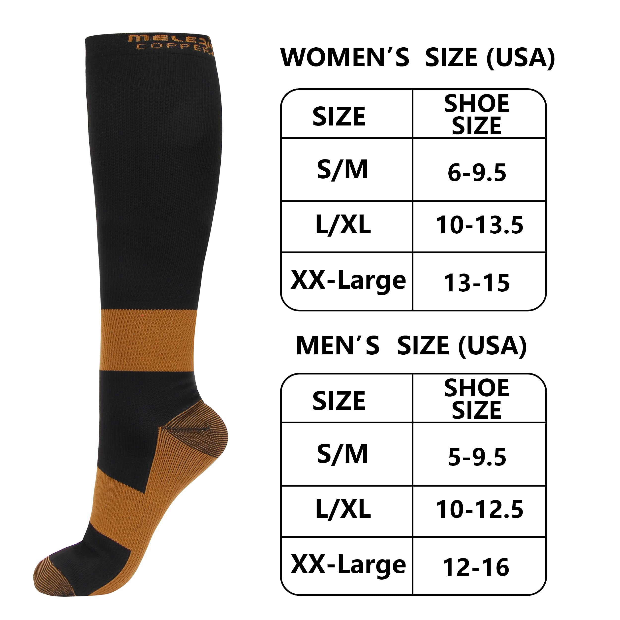 MELERIO Copper Compression Socks Men Women 4 Pairs 15-20 mmhg Comfortable Circulation for Edema Varicose Veins and Anti-Fatigue (Copper, L/XL)