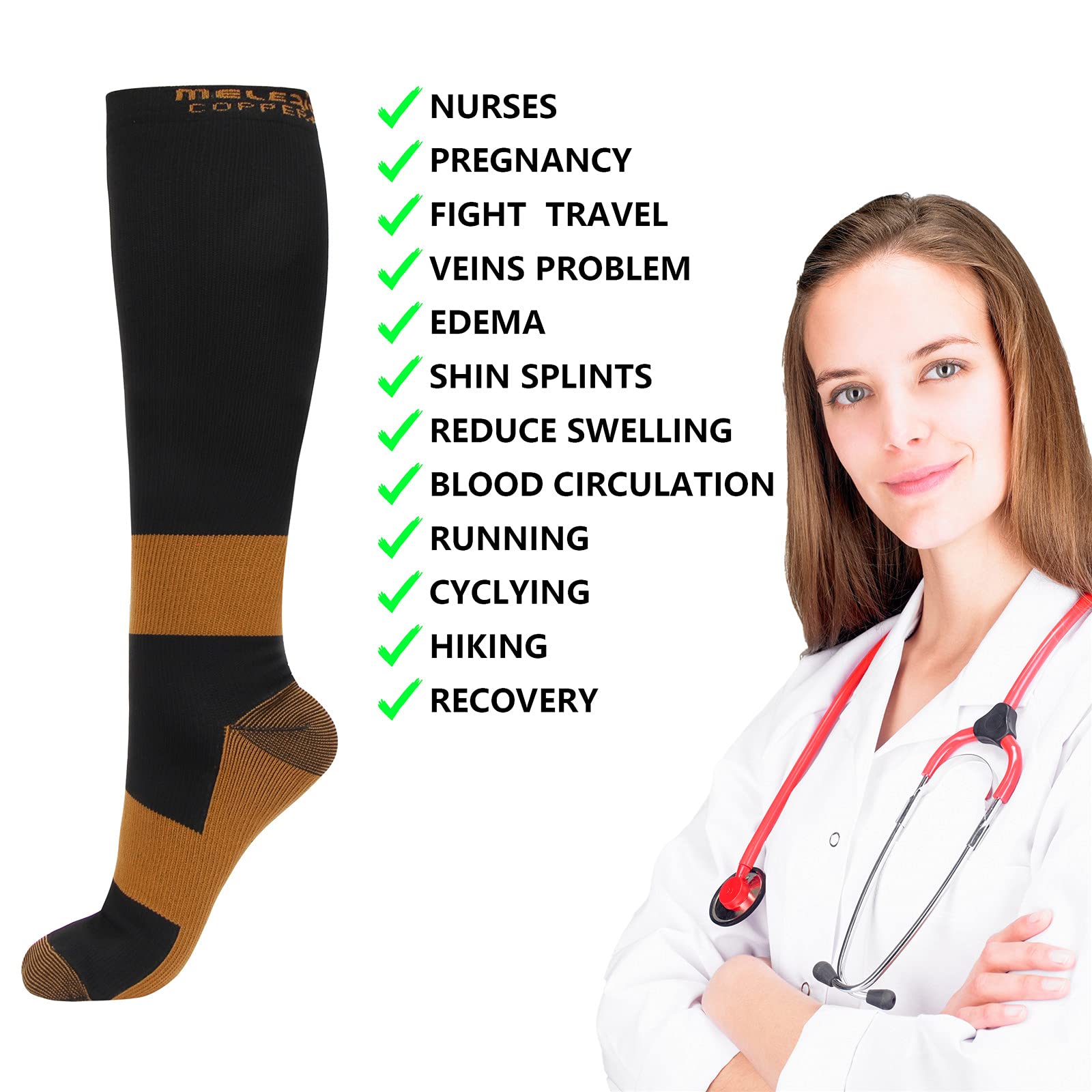 MELERIO Copper Compression Socks Men Women 4 Pairs 15-20 mmhg Comfortable Circulation for Edema Varicose Veins and Anti-Fatigue (Copper, L/XL)