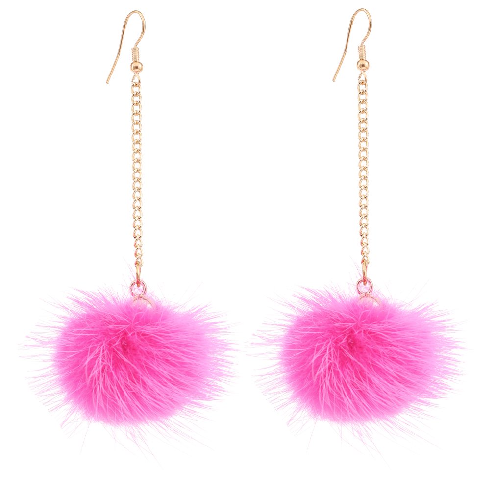 Boderier Rabbit Fur Pompom Drop Earring Gold Chain Shoulder Duster Earring Ear Drop for Women Rose Red