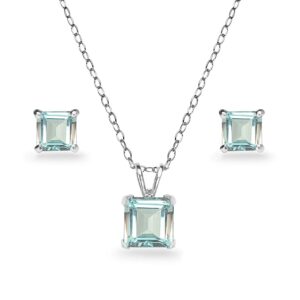 b. brilliant sterling silver aquamarine square solitaire necklace & stud earrings jewelry set for women