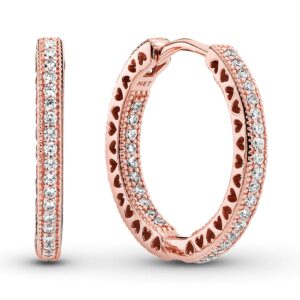 pandora sparkle and hearts hoop earrings - timeless, classic jewelry - gift for her - 14k rose gold & cubic zirconia - 2.5 mm