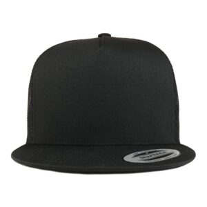 Trendy Apparel Shop Flexfit Brand 5 Panel Classic Trucker Flatbill Mesh Snapback Cap - BLACK