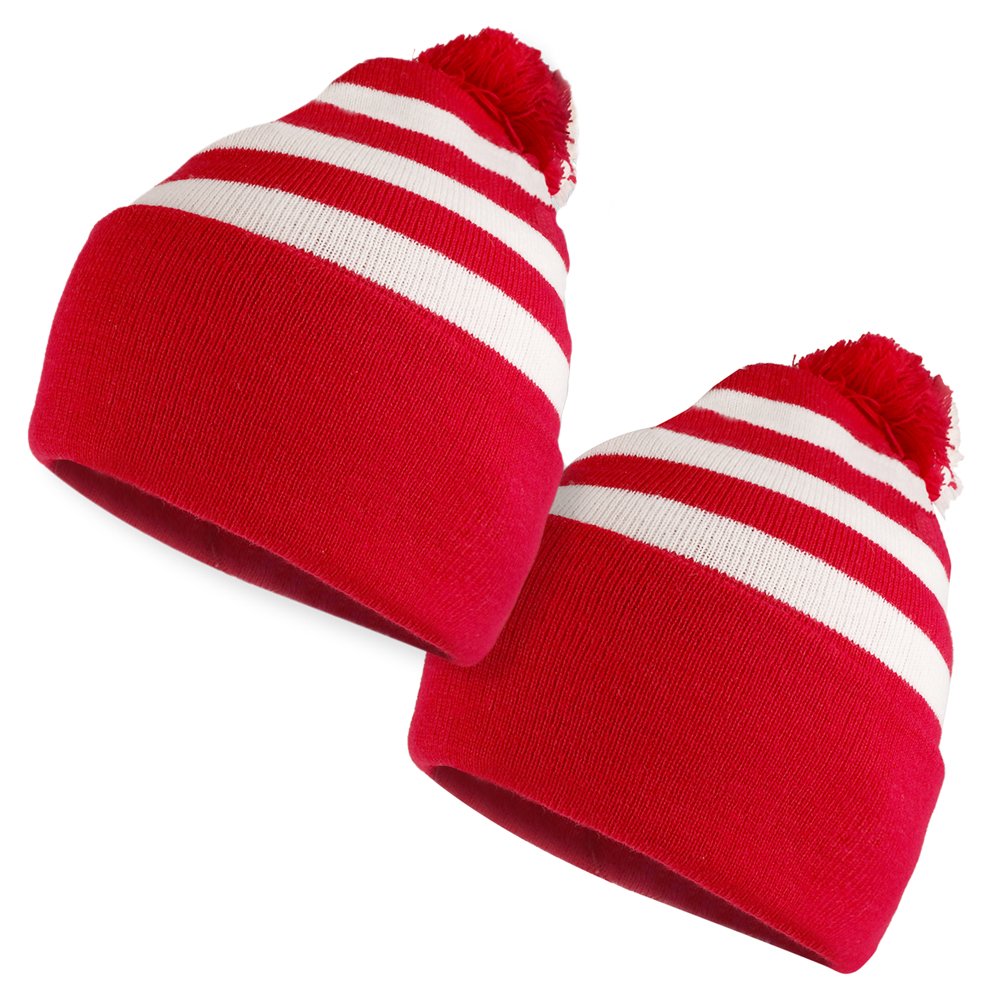 Armycrew Red White Striped Pom Pom Cuff Beanie Hat - Red White Stripe - 2 Pack