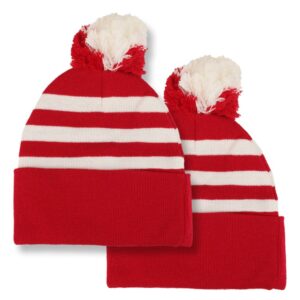 Armycrew Red White Striped Pom Pom Cuff Beanie Hat - Red White Stripe - 2 Pack