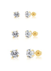 14k gold solitaire round cubic zirconia stud 3 pair earring set (3mm, 4mm, 5mm) (yellow-gold)