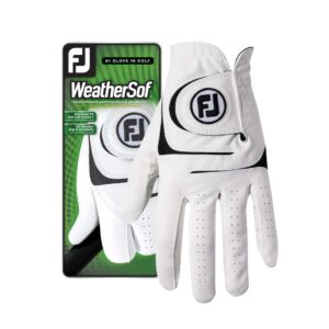 footjoy men's weathersof golf glove white large, worn on left hand