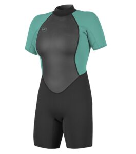 o'neill women's reactor-2 2mm back zip short sleeve spring wetsuit, black/light aqua, 14