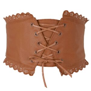 ayliss womens elastic wide band lace-up corset cinch belt with press button, fit waist 24.8"-32.7", brown