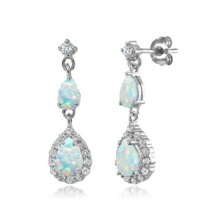 sterling silver synthetic white opal & white topaz fashion teardrop dangle earrings