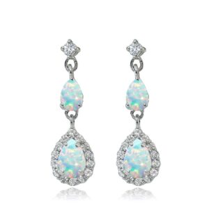 Sterling Silver Synthetic White Opal & White Topaz Fashion Teardrop Dangle Earrings