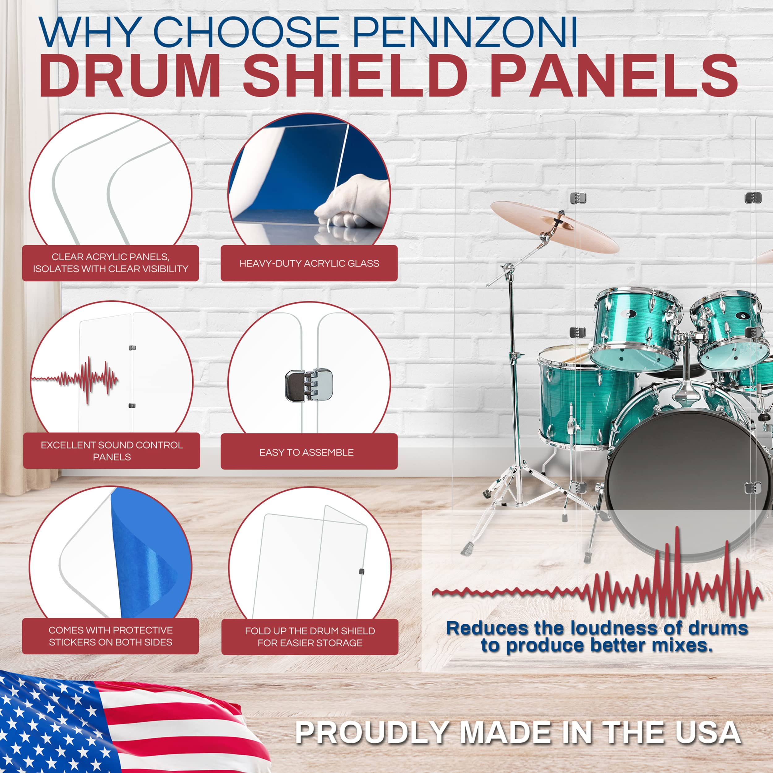 PENNZONI Drum Shield 6ft Single Panel w/Bright Chrome Hinges, Premium Clear Acrylic Panel, Drum Screen