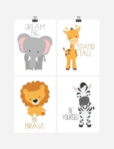 safari animals motivational nursery art print set of 4 - elephant giraffe zebra lion - multiple sizes