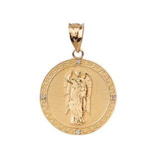 solid 14k gold saint gabriel the archangel diamond round medal pendant (1.15")