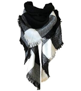 wander agio womens warm scarf triangle winter shawls large scarves stripe plaid fichu big black white 15