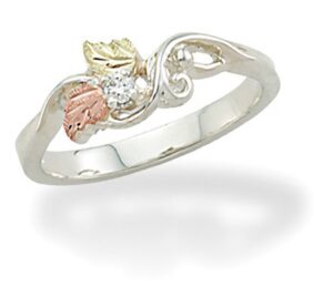 black hills gold ladies diamond (.05 tw) ring in 925 sterling silver and 12k gold leaves - size 10