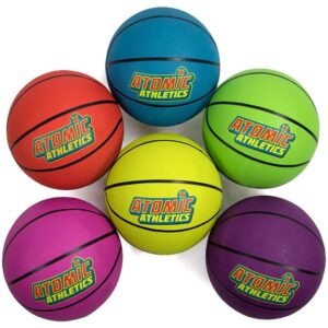 k-roo sports atomic athletics neon rubber playground balls - 6 pack of youth size, includes pump & storage bag - basketball