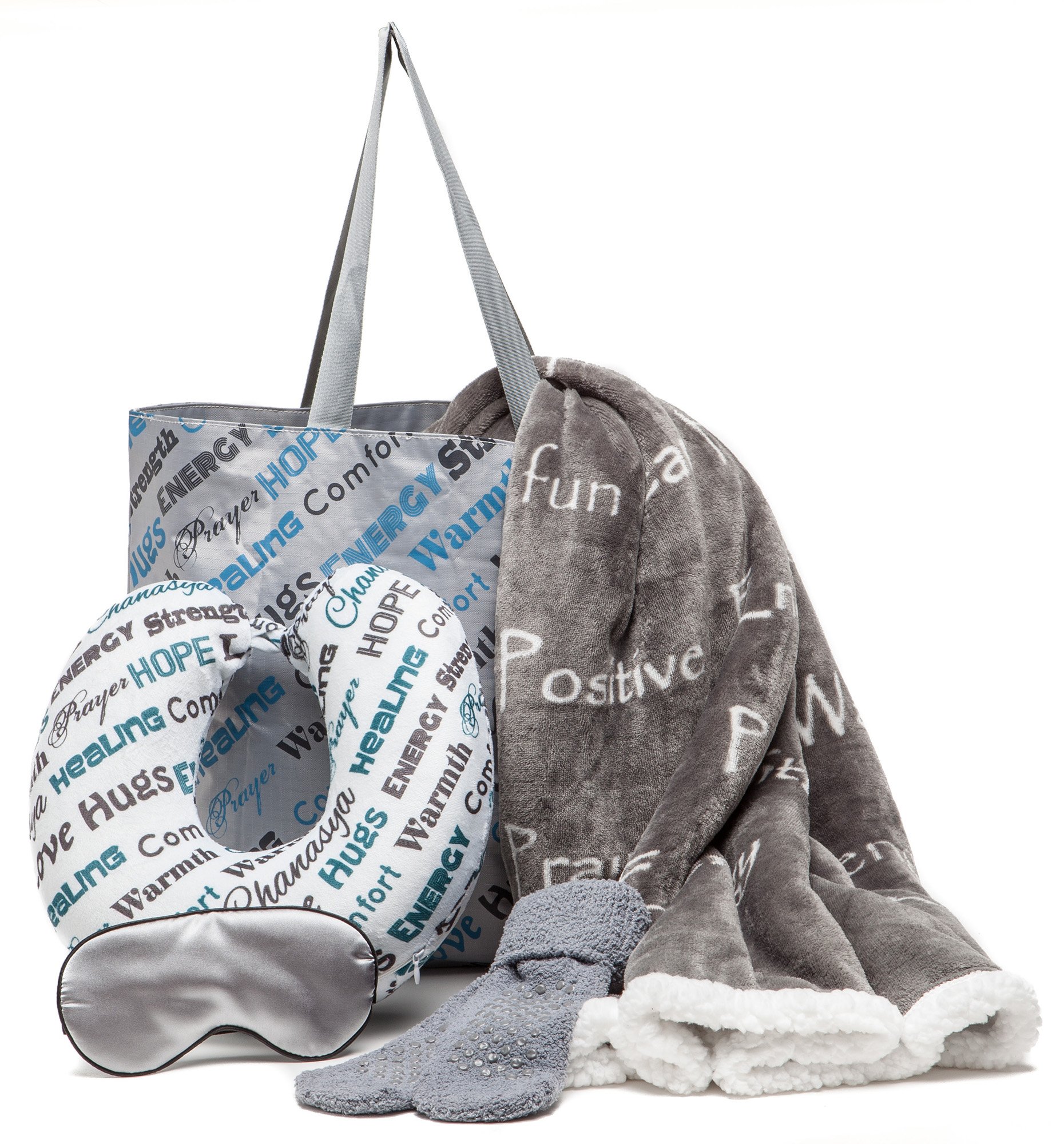 Chanasya Premium Care Gift Package - Throw Blanket, Neck Pillow, Eye Mask, Tote Bag, Socks - 50” x 65” - 5-Piece Set, Gray