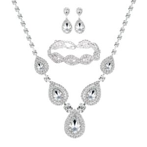 3 pack bridal rhinestone crystal necklace link bracelet and teardrop dangle earrings jewelry set gifts fit with wedding dress party