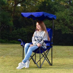 ALPHA CAMP Camp Chairs with Shade Canopy Chair Folding Camping Recliner Support 350 LBS - Navy Blue